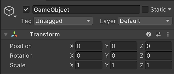 Composant Unity Transform dans la vue inspecteur.