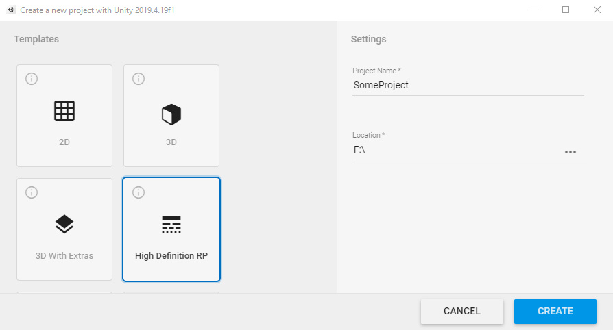 Fenêtre de création de projet Unity Hub.
