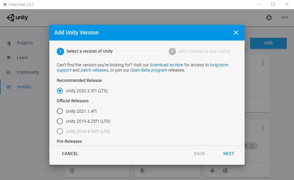 Installation d'Unity Hub