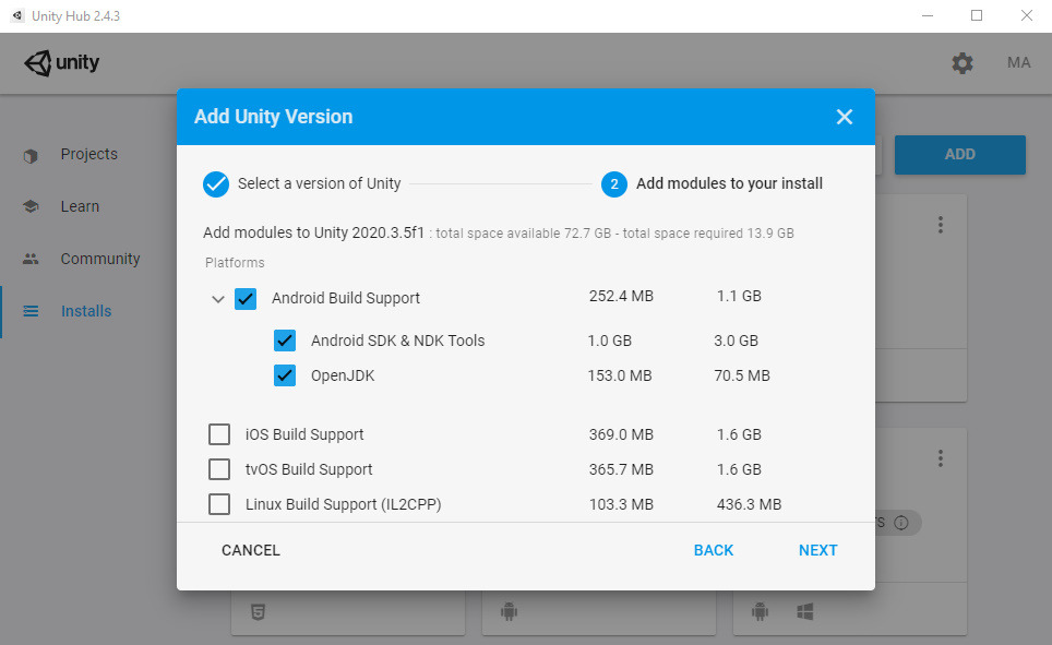 Sélection du module complémentaire Unity Hub