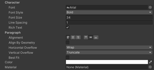 Inspecteur de composants de texte Unity Arial Bold Taille de police 34